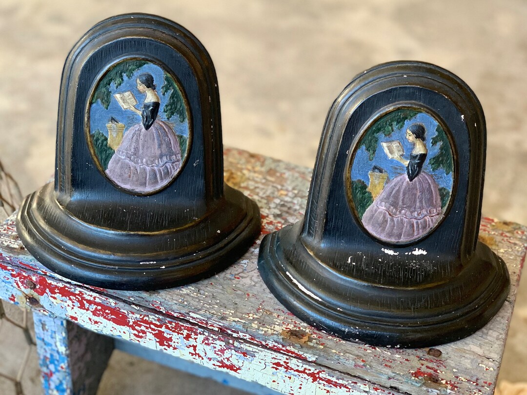 Vintage Girl Bookends Shabby Pair Antique Art Deco Nouveau Plaster ...