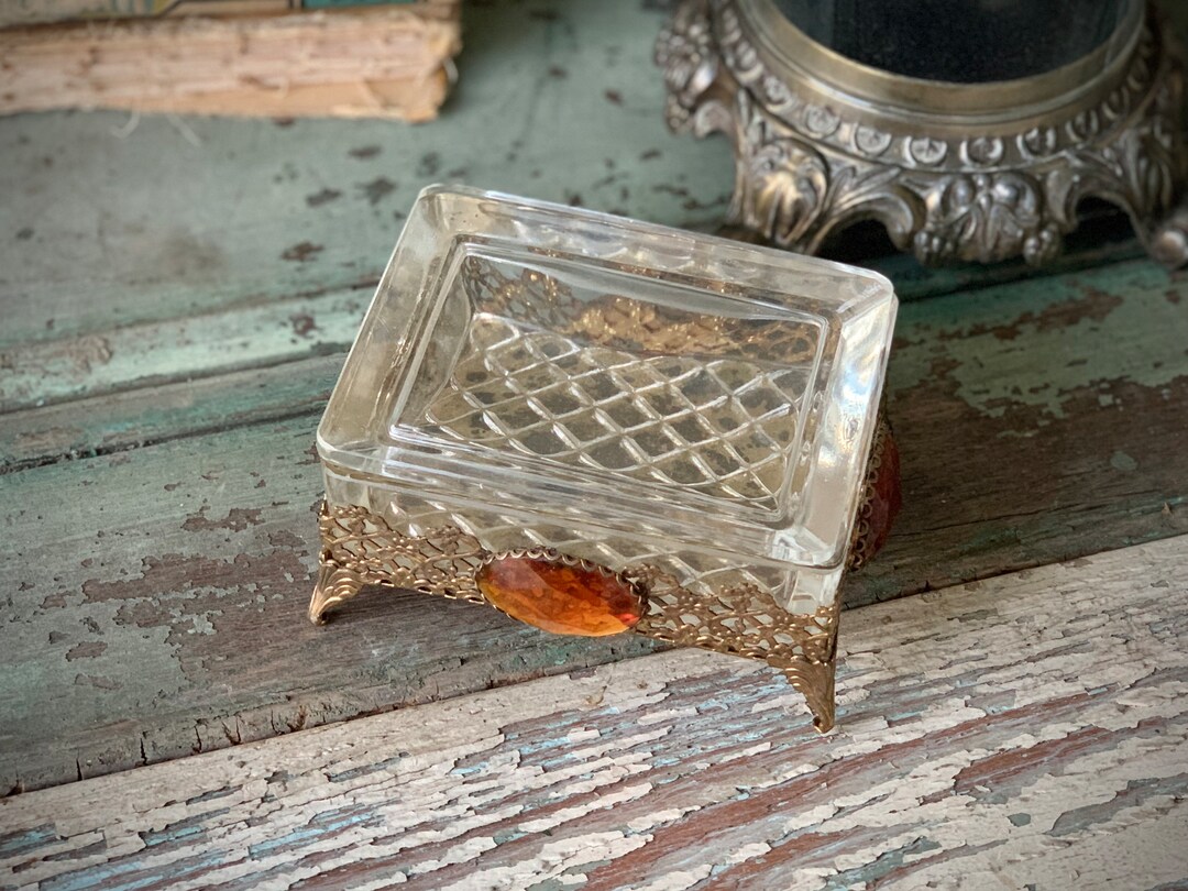 Vintage Fancy Glass Box Ornate Filigree Footed Metal Rhinestone Lidded ...