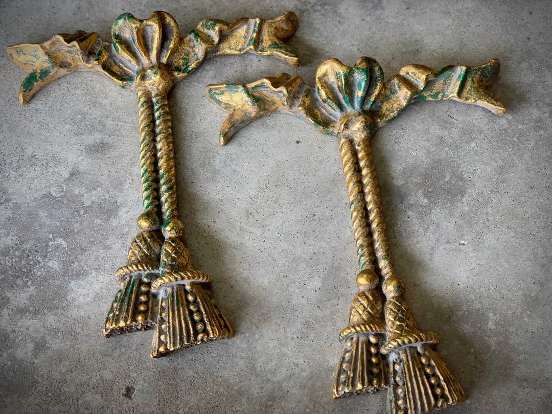 Vintage Pair Gold Ribbon Tassel Plaques Shabby plastic Wall Hanging ...