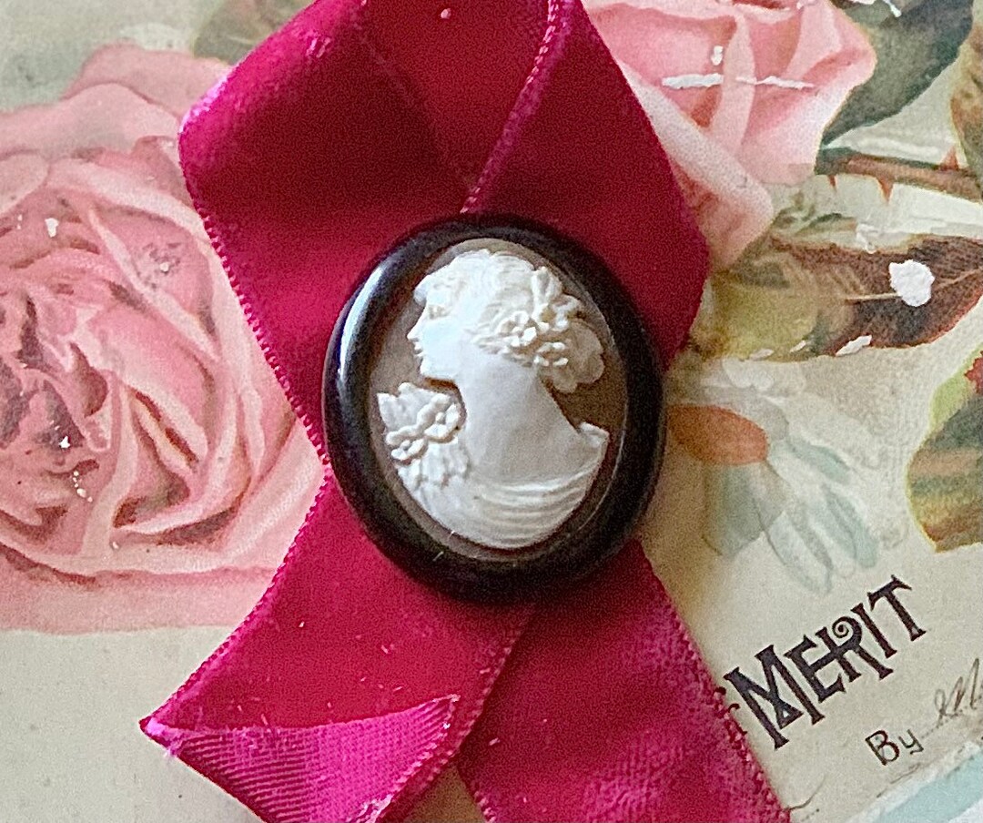 Vintage Cameo Pin Lady Girl Bust Plastic Brooch on Velvet Ribbon ...