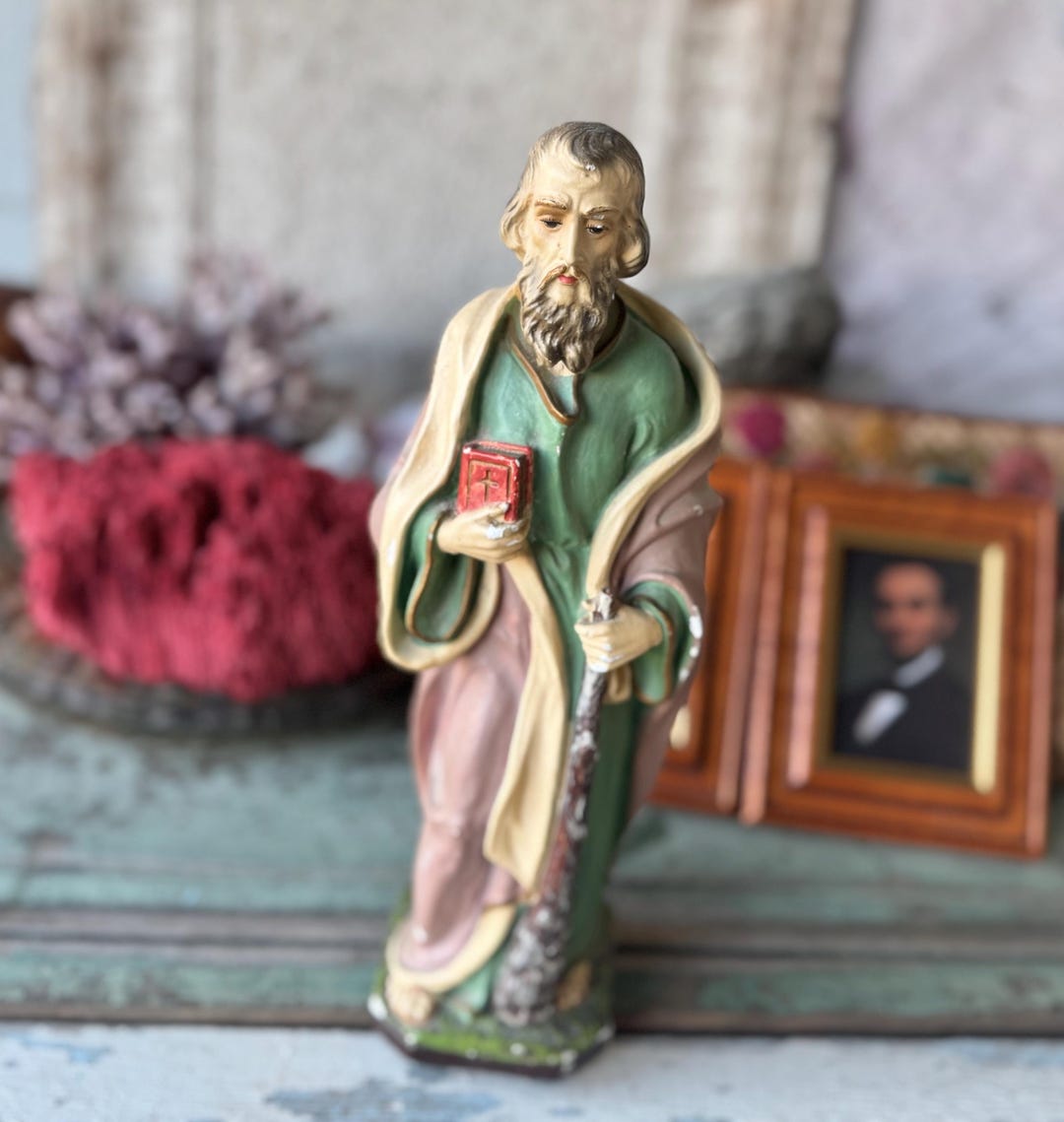 Vintage Religious Statue Plaster Saint With Book Staff - Etsy