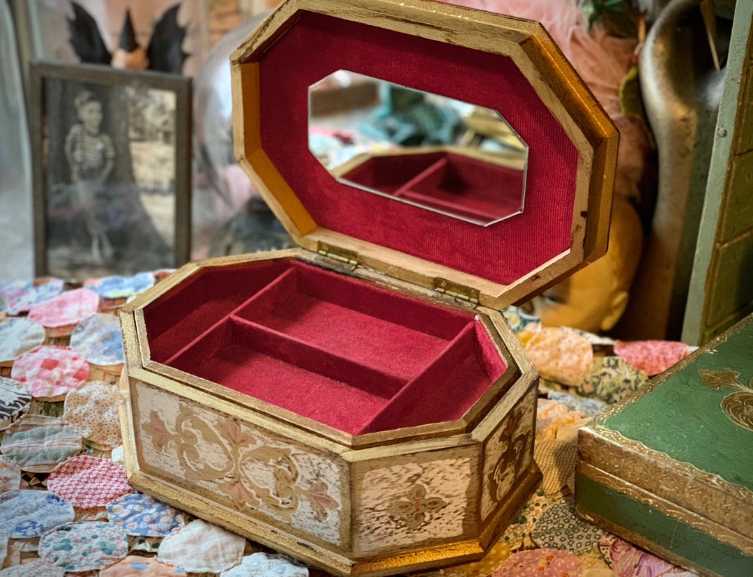 Vintage Jewelry Box Gold Wood Music Box Case With Red Velvet Lining 10 ...