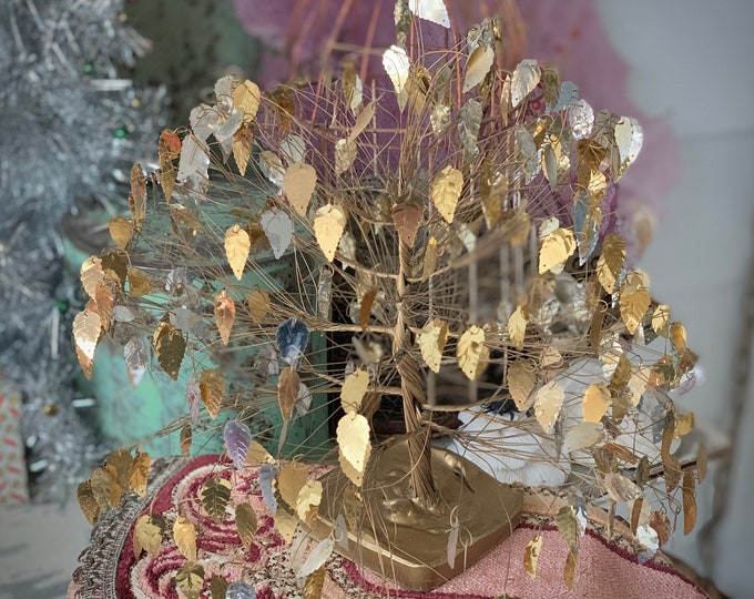 Vintage Gold Tree Statue Wire Sculpture Dangly Leaves Modern Sparkly ...