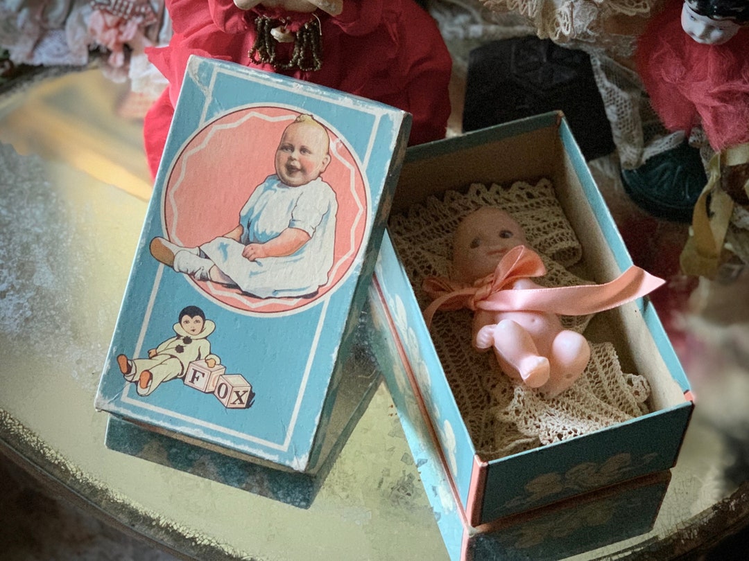 Vintage Fox Baby Shoe Box With Added Lace and Plastic Baby Doll Old ...