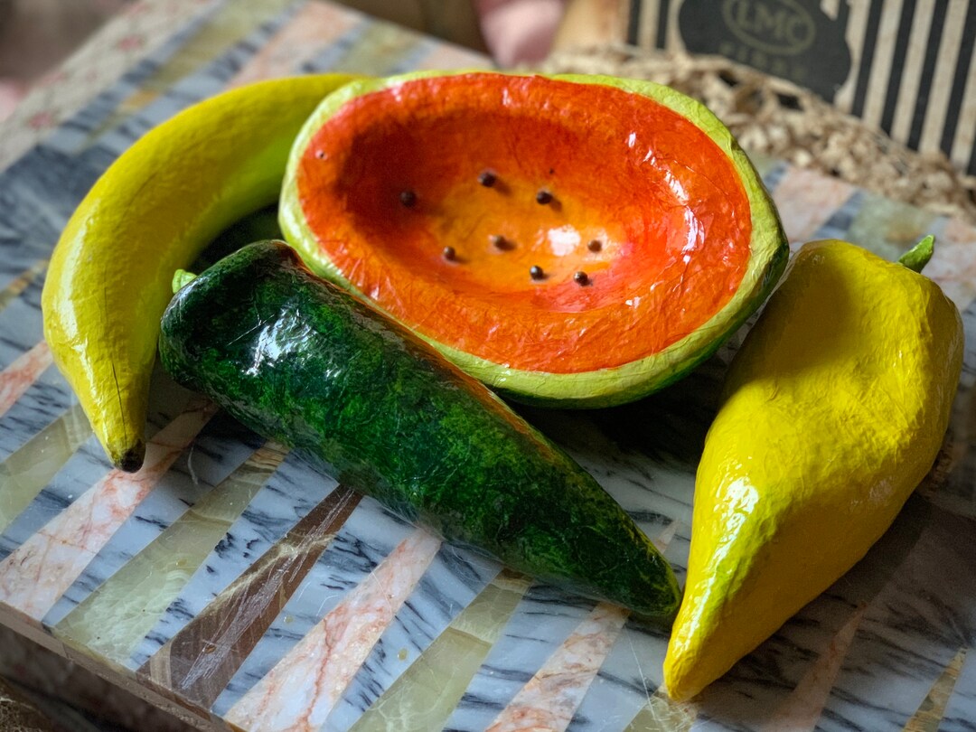 Vintage Set Paper Mache Fruit and Vegetables Papaya Banana and Peppers ...