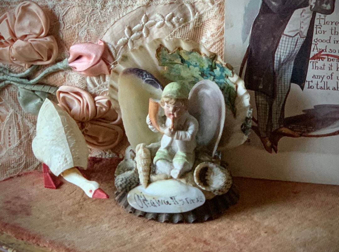 Vintage Seashell Boy Souvenir Figurine Antique Ottawa Kansas Bisque ...