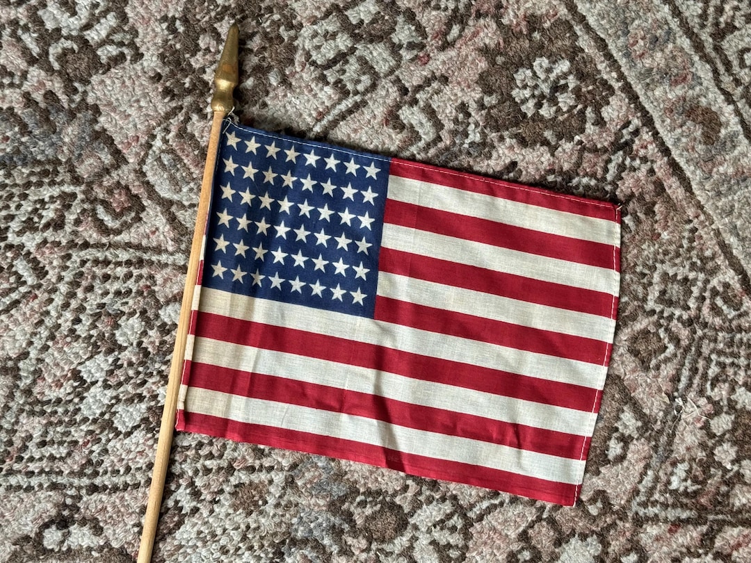 Vintage 48 Star Flag on Wood Stick Miniature USA American Parade Flag ...