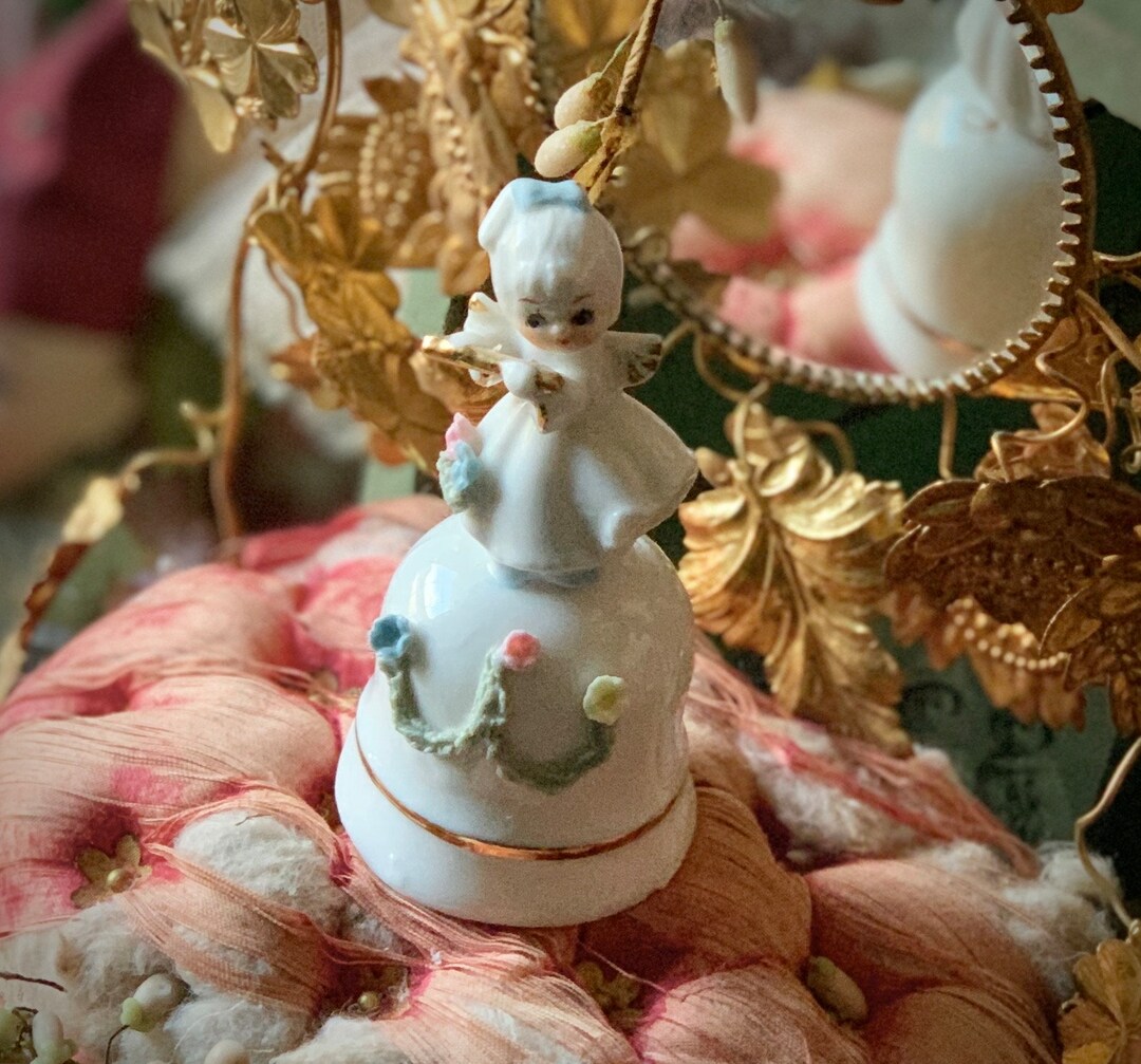Vintage Miniature Angel Bell Figurine Retro Bone China Pixie With Flute ...