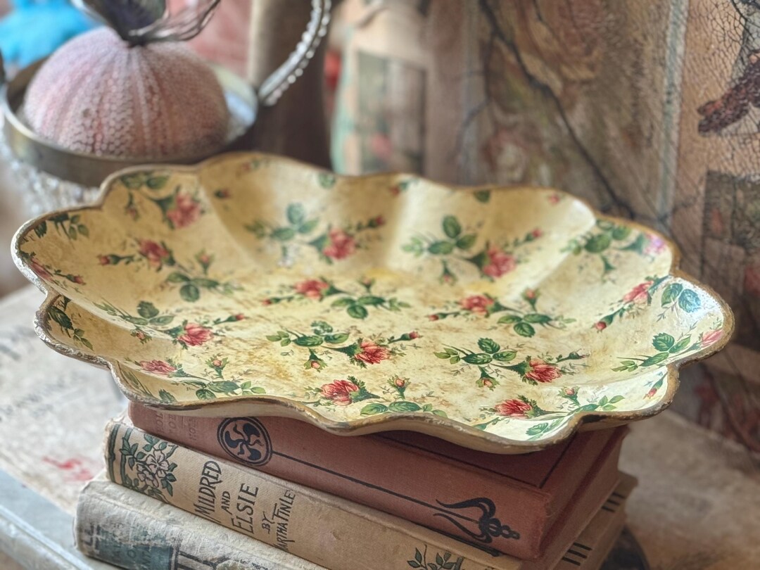 Vintage Floral Paper Mache Tray Age Worn Flower Display Dish Romantic ...