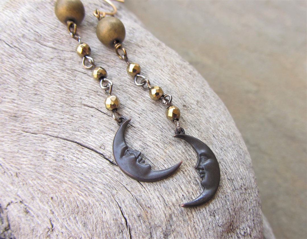Crescent Moon Gold Hematite Dangle Earrings, Black Brass Moons, Gold ...