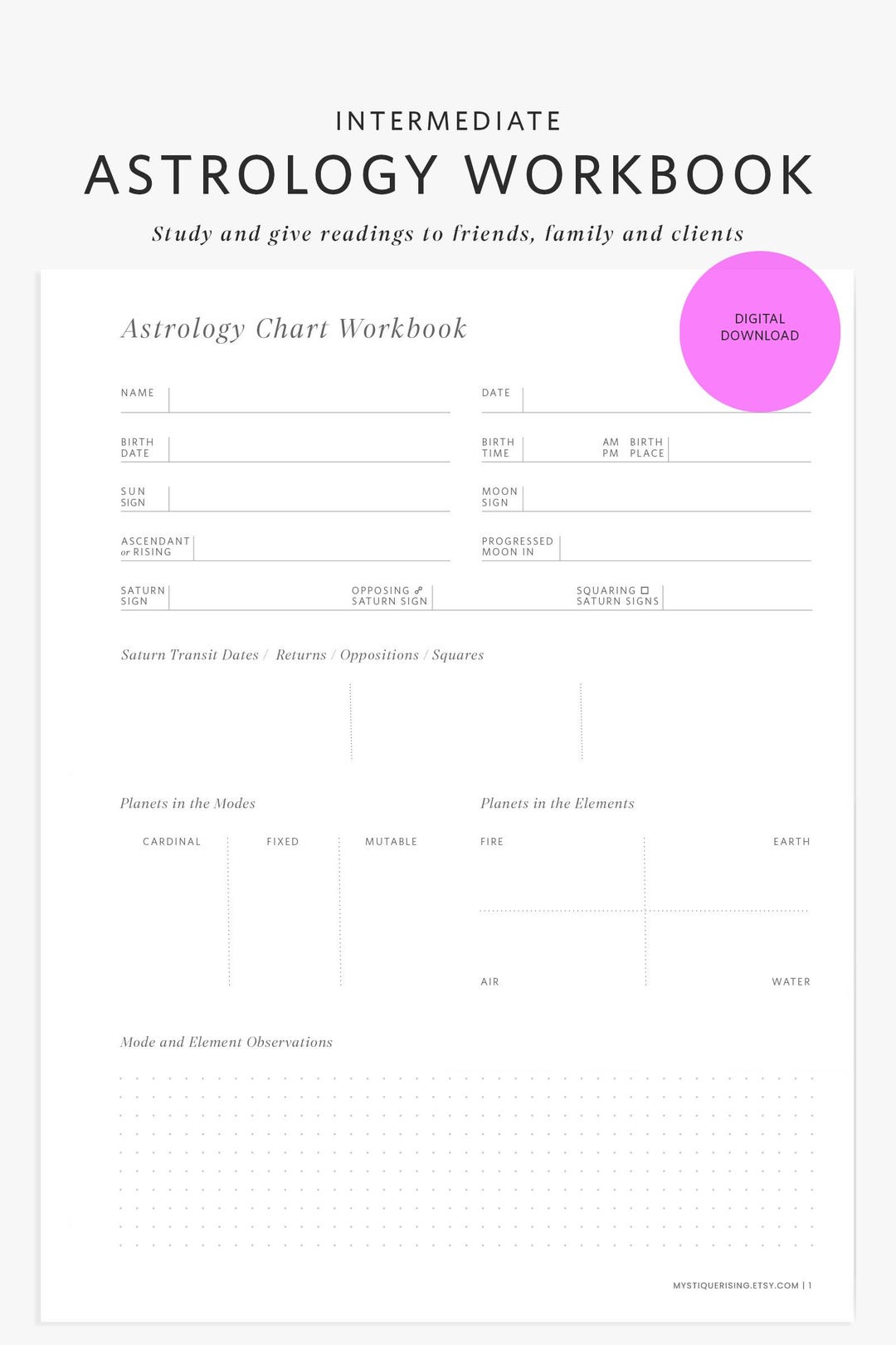 Intermediate Astrology Chart Workbook | Birth Chart Reading Aid ...