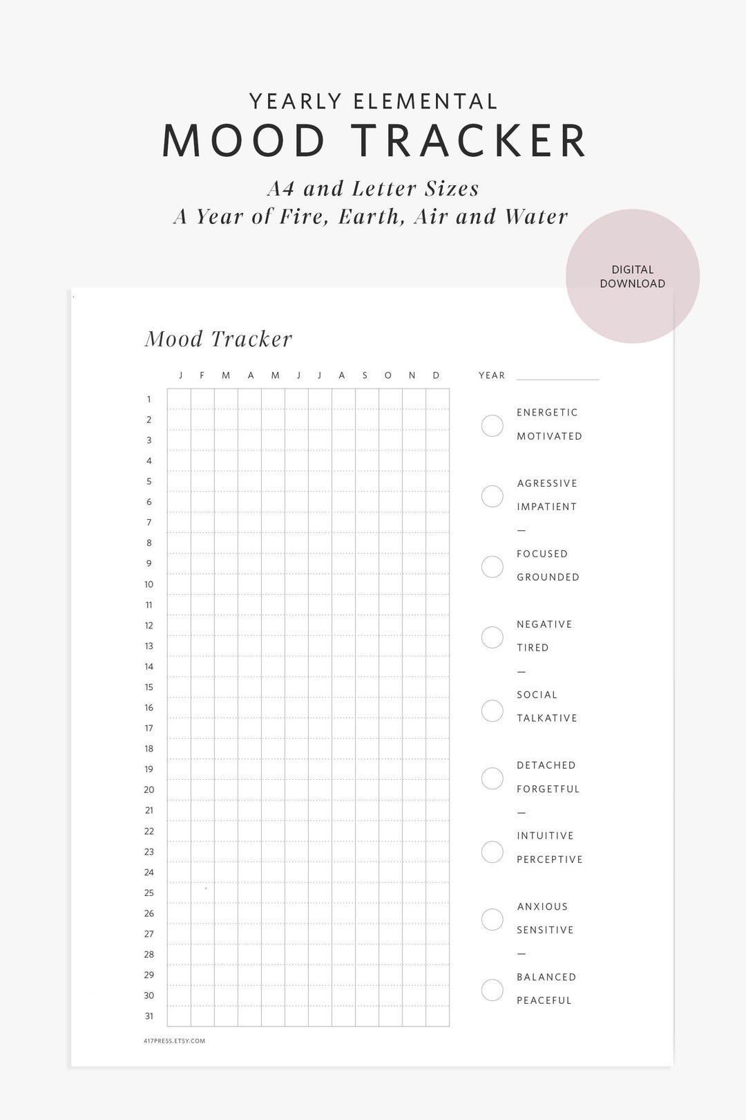 Yearly Mood Tracker | A Year in Pixels | Mood Journal | Emotion Tracker | Mood Chart | Wellness ...