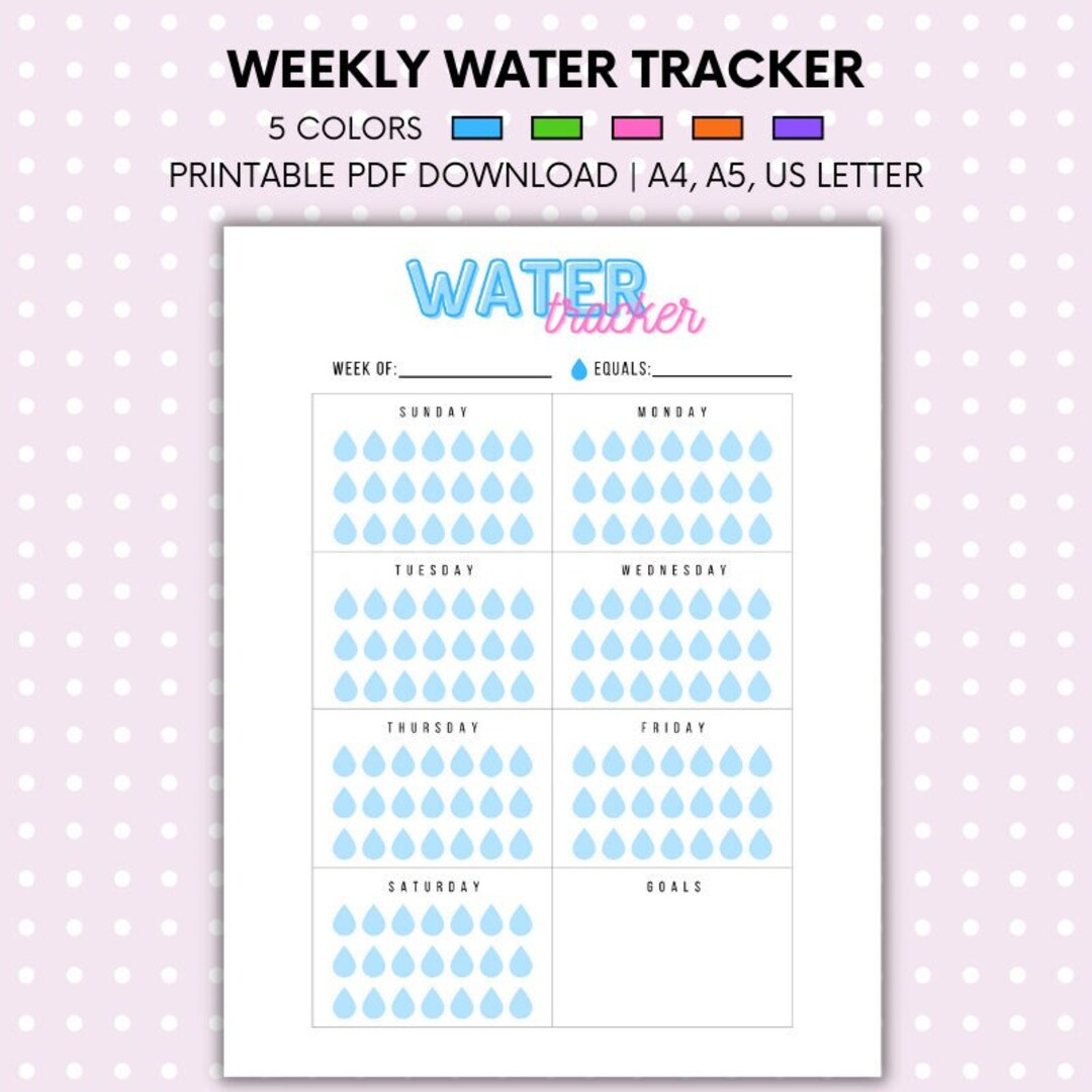 Weekly Water Intake Tracker | Printable PDF - 5 Colors Available ...