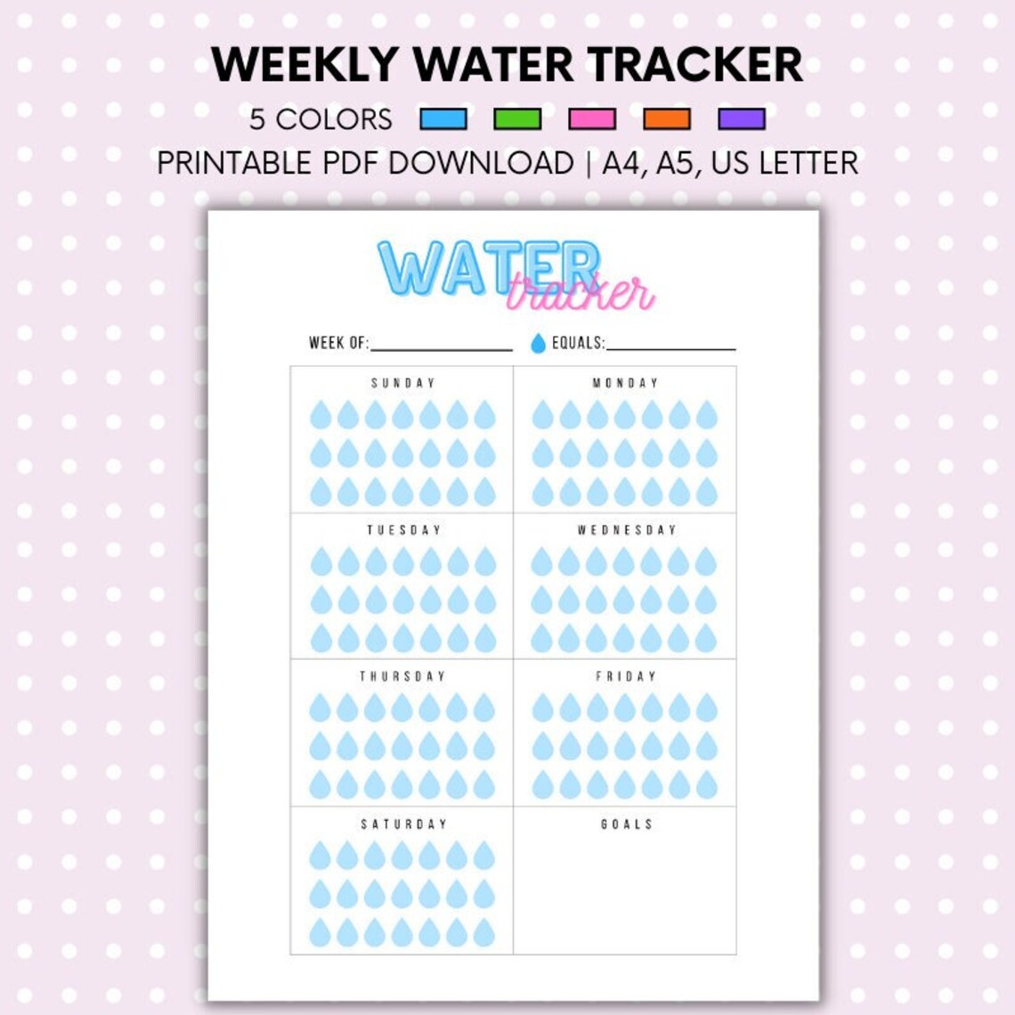 Weekly Water Intake Tracker | Printable PDF - 5 Colors Available ...