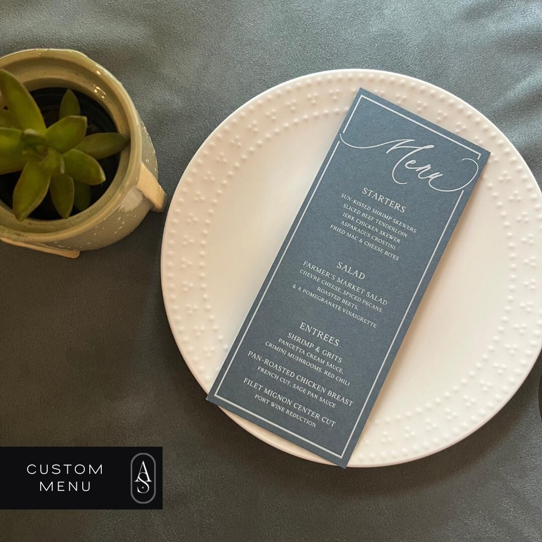 Elegant Blue Wedding Menu Card: Customizable Reception Dinner (3x7) - Etsy