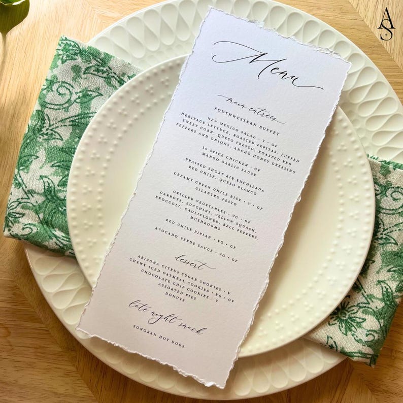 Custom Deckled Edge Wedding Menu | Handmade Paper | Elegant Event ...