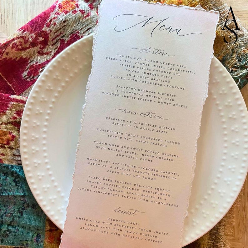 Custom Deckled Edge Wedding Menu | Handmade Paper | Elegant Event ...