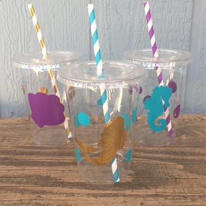 Mermaid Party Cups Under the Sea Disposable Plastic Cups W/lidsstraws ...