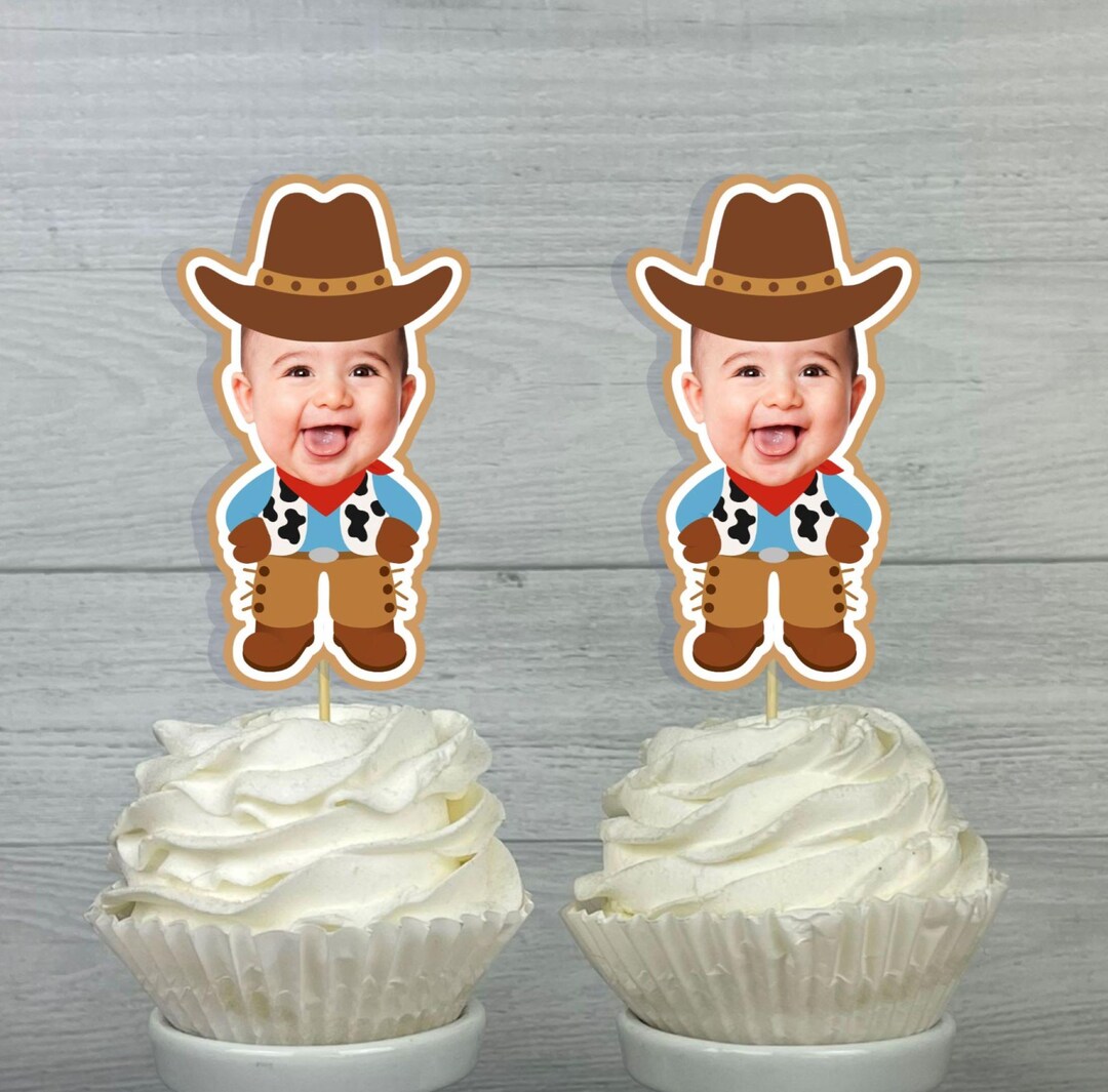 Cowboy Cupcake Toppers - Photo Face Cowboy Toppers - Western Birthday ...