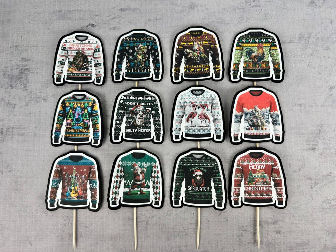Ugly Christmas Sweater Cupcake Toppers - Tacky Sweater Party - Funny ...