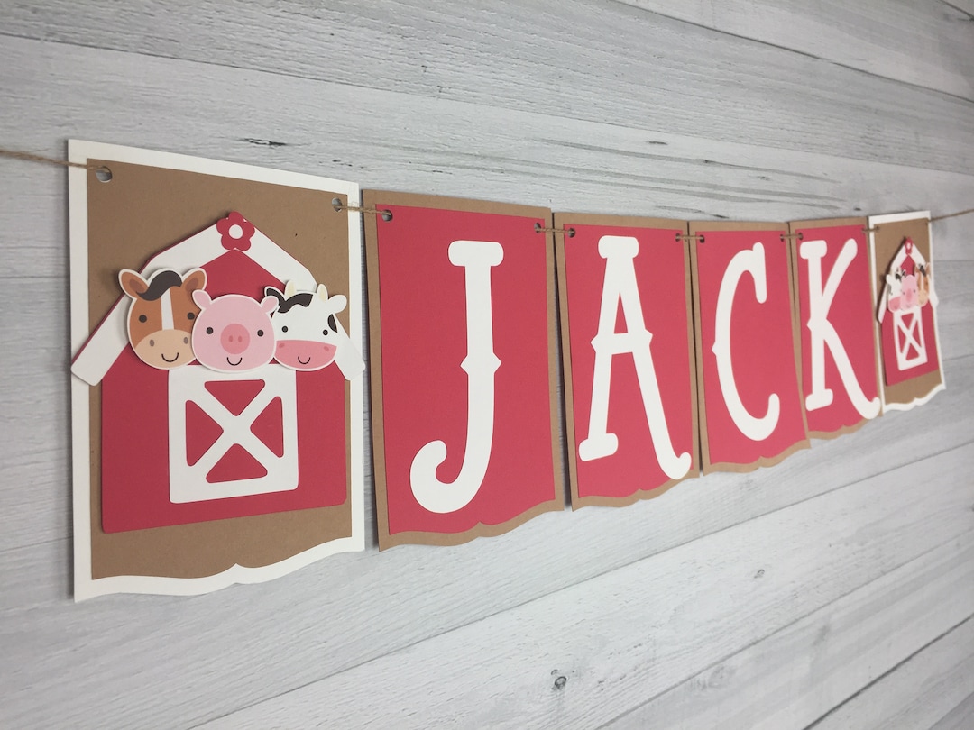 Barn NAME Banner - Farm Birthday - Farm Animal Banner - Red Barn Banner ...
