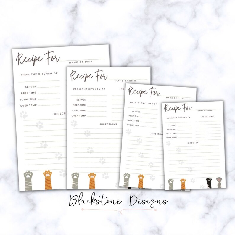 Printable Recipe Cards, Cat Paw Recipe Cards, Vertical Recipe Cards in ...