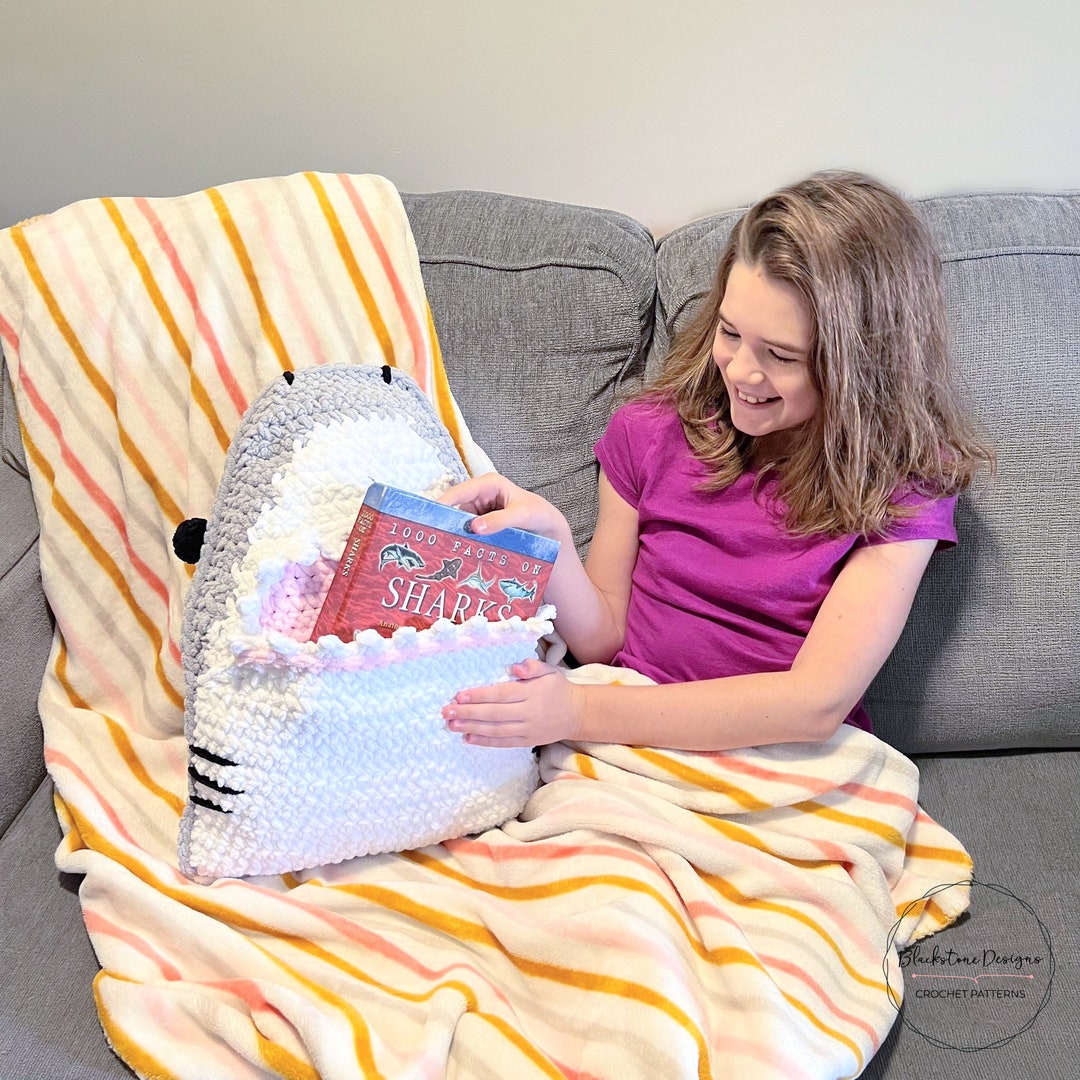 Crochet Pillow Pattern, Shark Pillow With Book Pocket, Crochet Shark ...