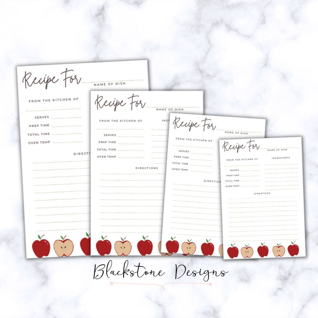 Printable Recipe Cards, Apple Themed Recipe Cards, Vertical Recipe ...