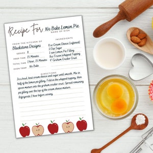 Printable Recipe Cards, Apple Themed Recipe Cards, Vertical Recipe ...