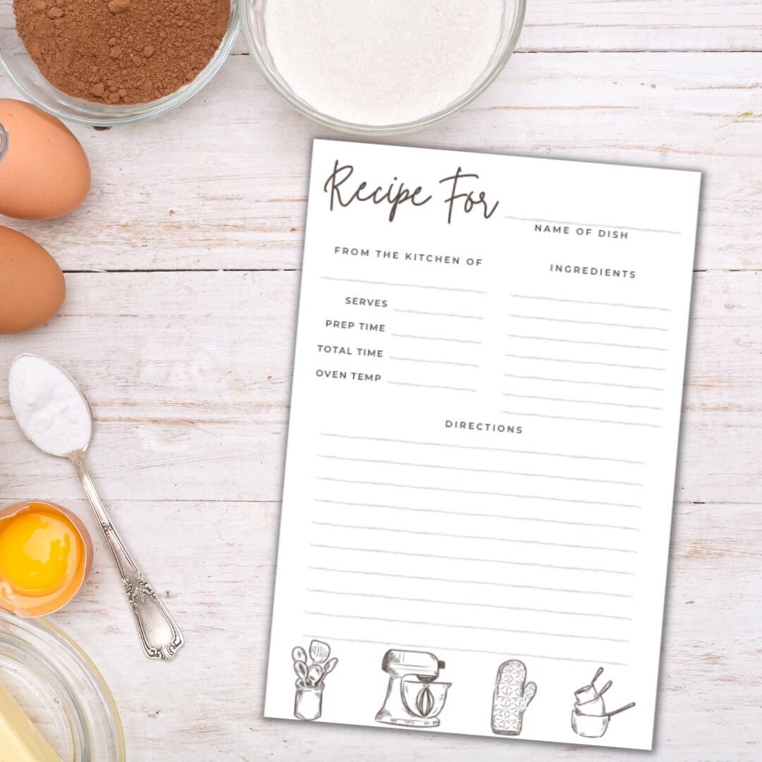 Printable Recipe Cards, Baking Themed Recipe Cards, Vertical Recipe ...
