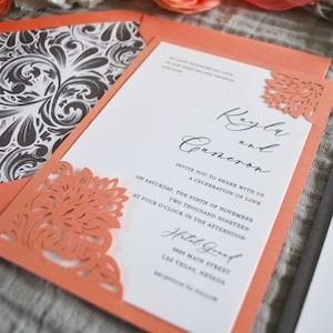 Coral Wedding Invitation, Coral Floral Laser Cut Invitation, Coral Grey ...