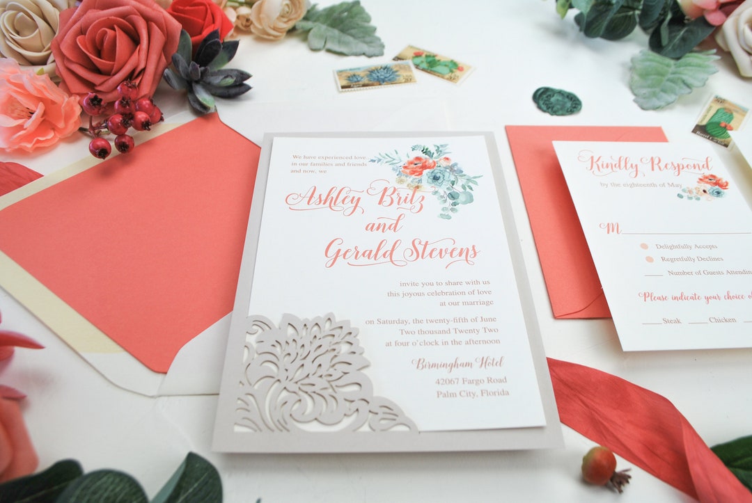 Coral Wedding invitation, Coral Invitation, Laser Cut Invitation ...