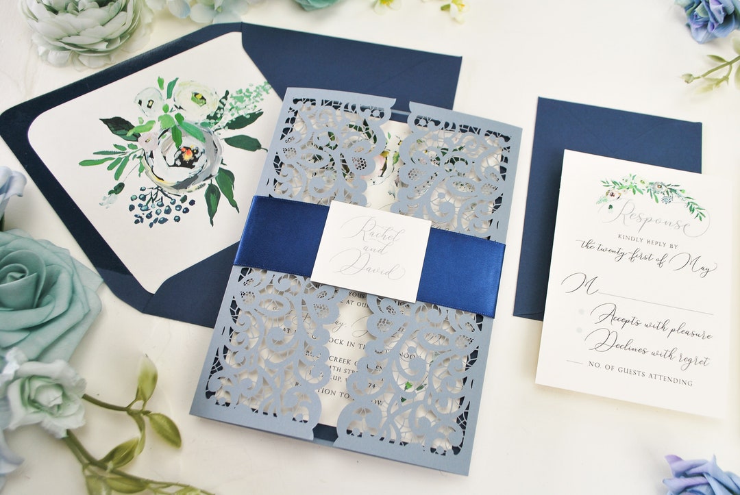 Dusty Blue Laser Cut Wedding Invitation, Dusty Blue Wedding, Navy Blue ...
