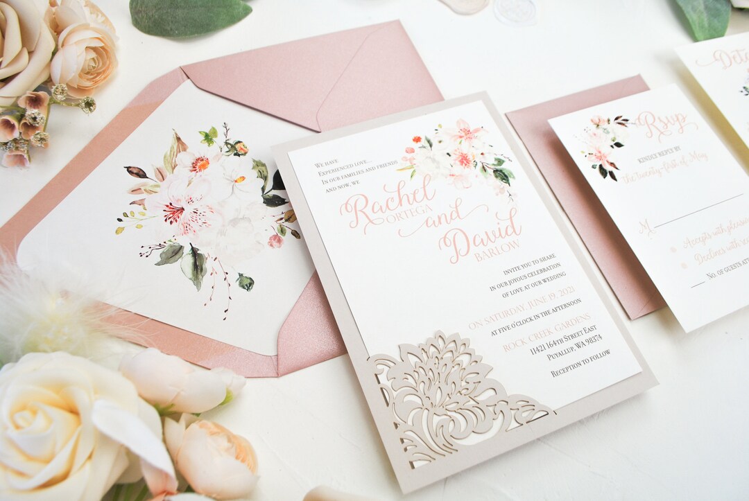 Blush Laser Cut Wedding Invitation, Blush Wedding Invitation, Rose Gold ...