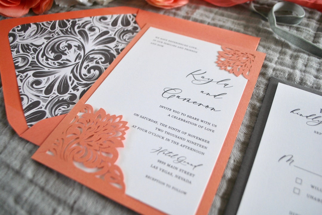 Coral Wedding Invitation, Coral Floral Laser Cut Invitation, Coral Grey ...