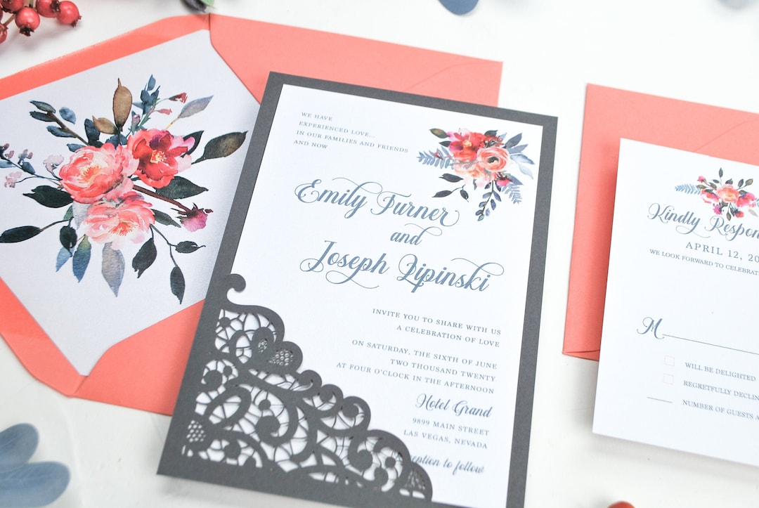 Coral Grey Wedding Invitation, Coral Floral Laser Cut Invitation, Coral ...