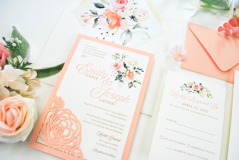 Peach Wedding Invitation Laser Cut Invite Blush Invitation - Etsy