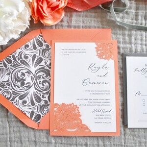 Coral Wedding Invitation, Coral Floral Laser Cut Invitation, Coral Grey ...
