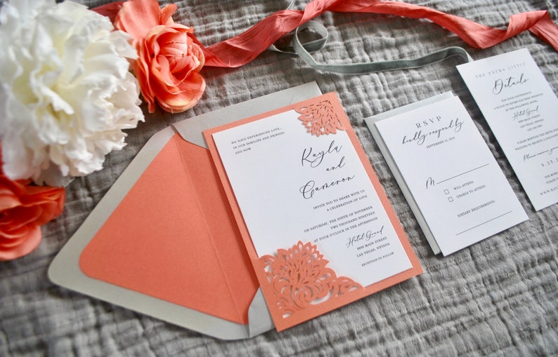 Coral Wedding Invitation Coral Floral Laser Cut Invitation - Etsy