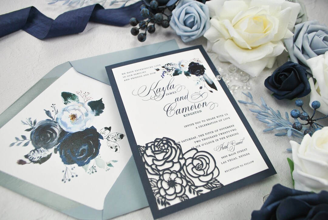 Dusty Blue Laser Cut Wedding Invitation Navy Blue Invitation - Etsy