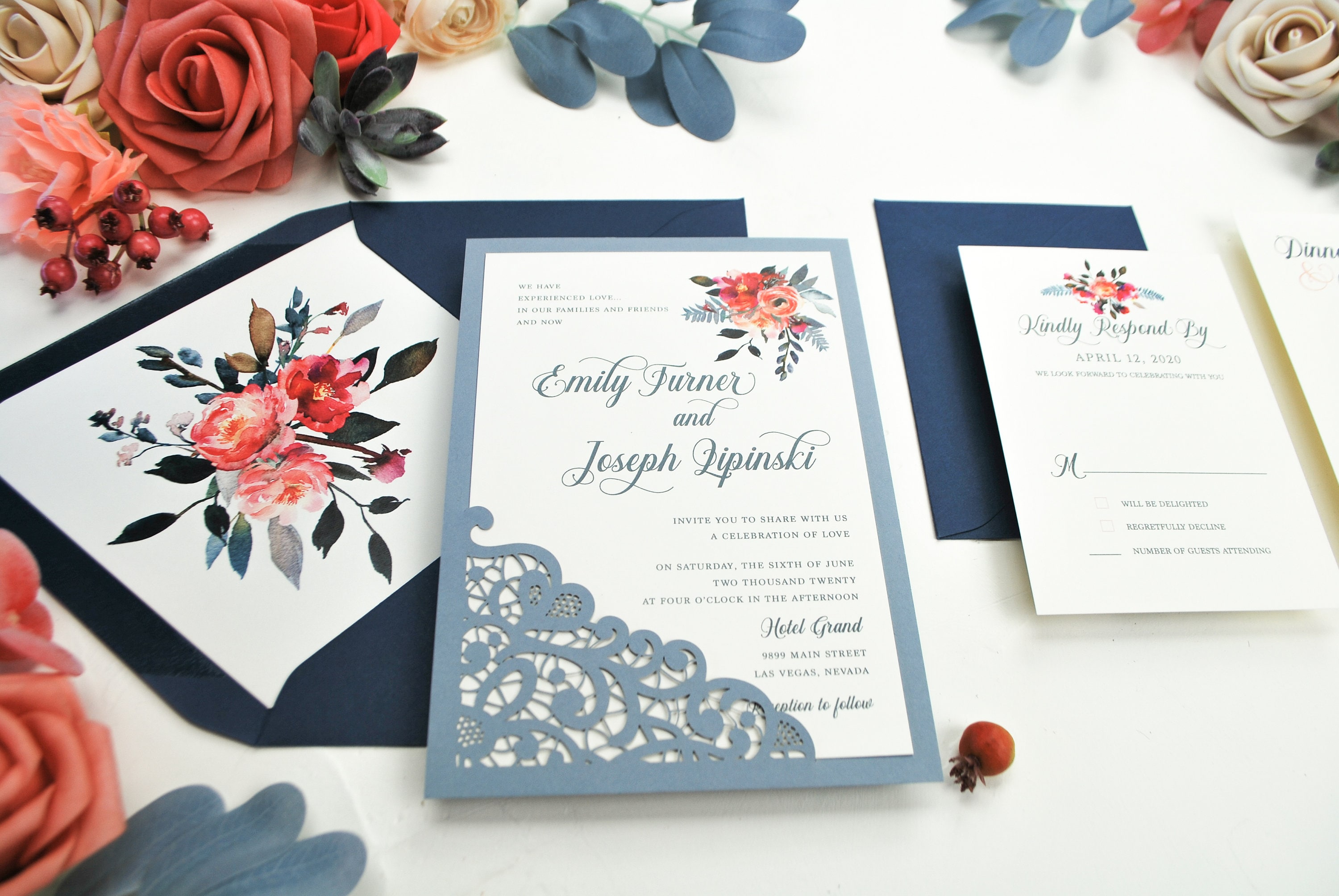 Coral Grey Wedding Invitation Coral Floral Laser Cut | Etsy