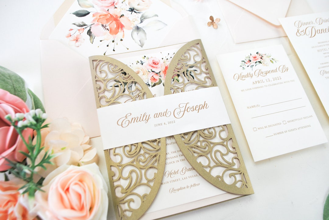 Blush Gold Wedding Invitation, Laser Cut Invitation, Floral Invitation ...