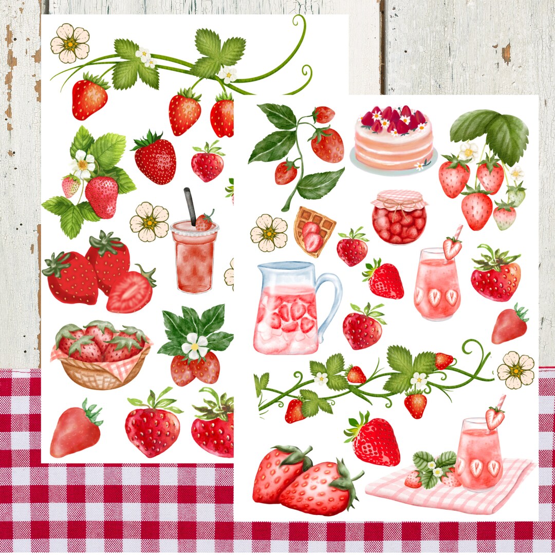 Strawberry Watercolor Farmhouse Stickers Set-2 Pack for Journaling and ...