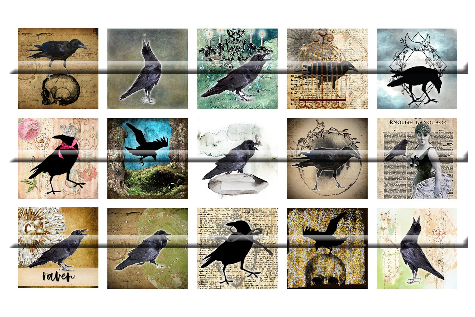 Raven Ephemera Digital Collage Sheet One Inch Squares for Pendants ...