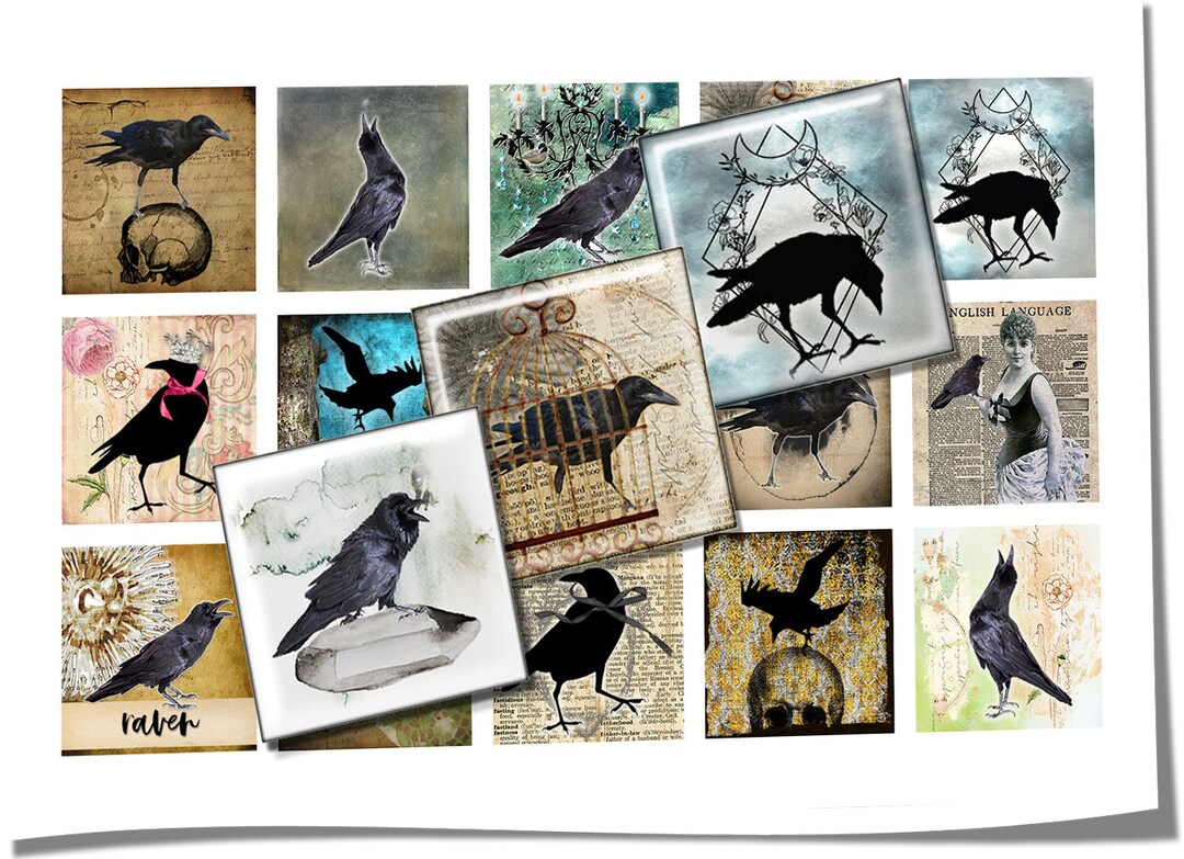 Raven Ephemera Digital Collage Sheet One Inch Squares for Pendants ...