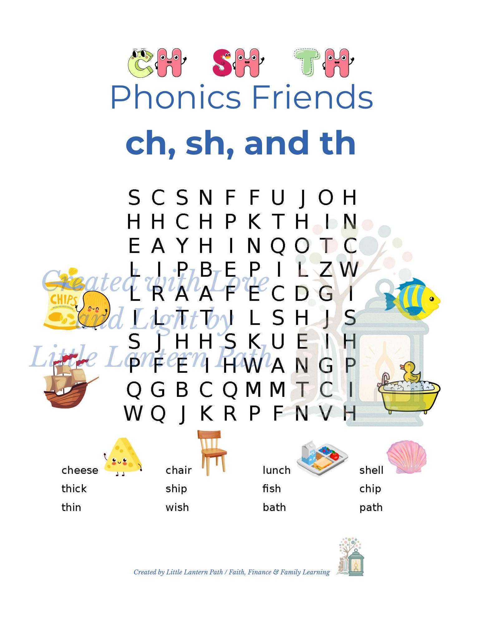 Phonics Friends Word Search + Answer Key | Ch Sh Th Digraph Worksheet ...