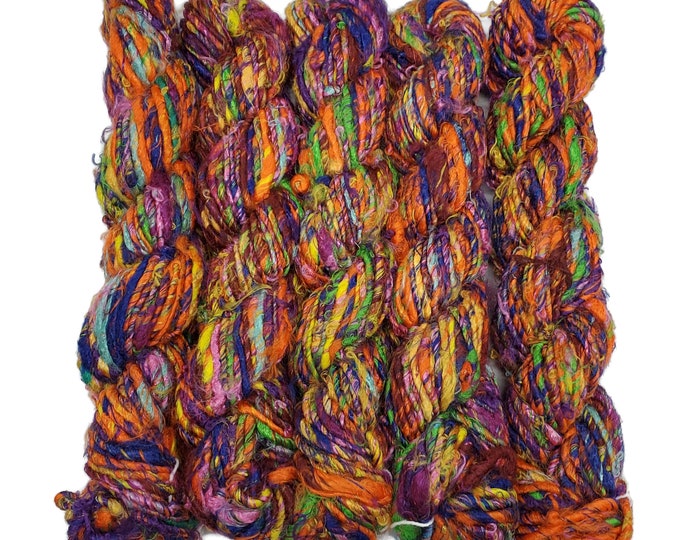 New! Textured Recycled Sari Silk Yarn, Multi Mix Color: Orange Medley ...