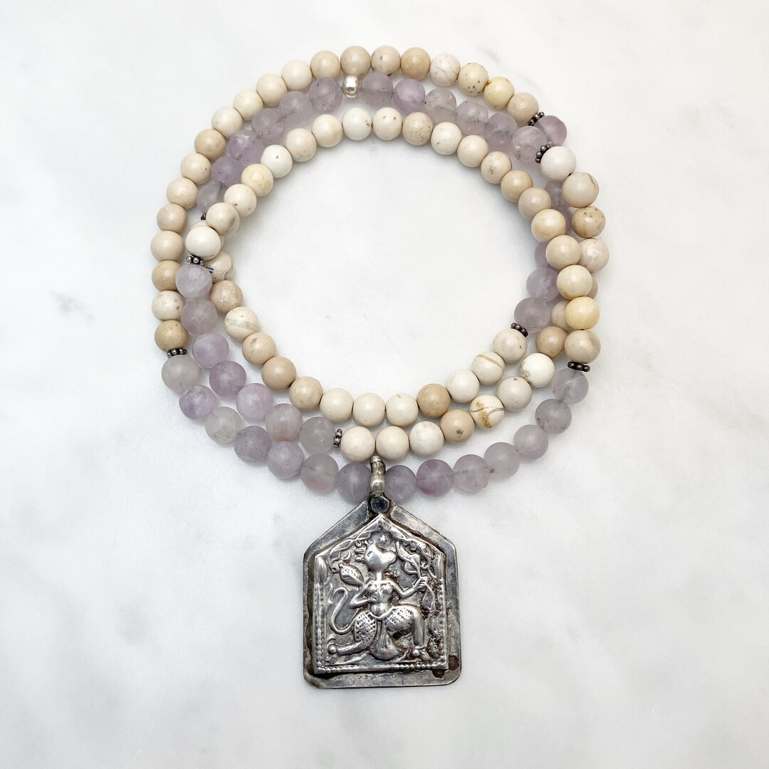 Antique Hanuman Mala Beads in Riverstone and Lavender Amethyst, 108 ...
