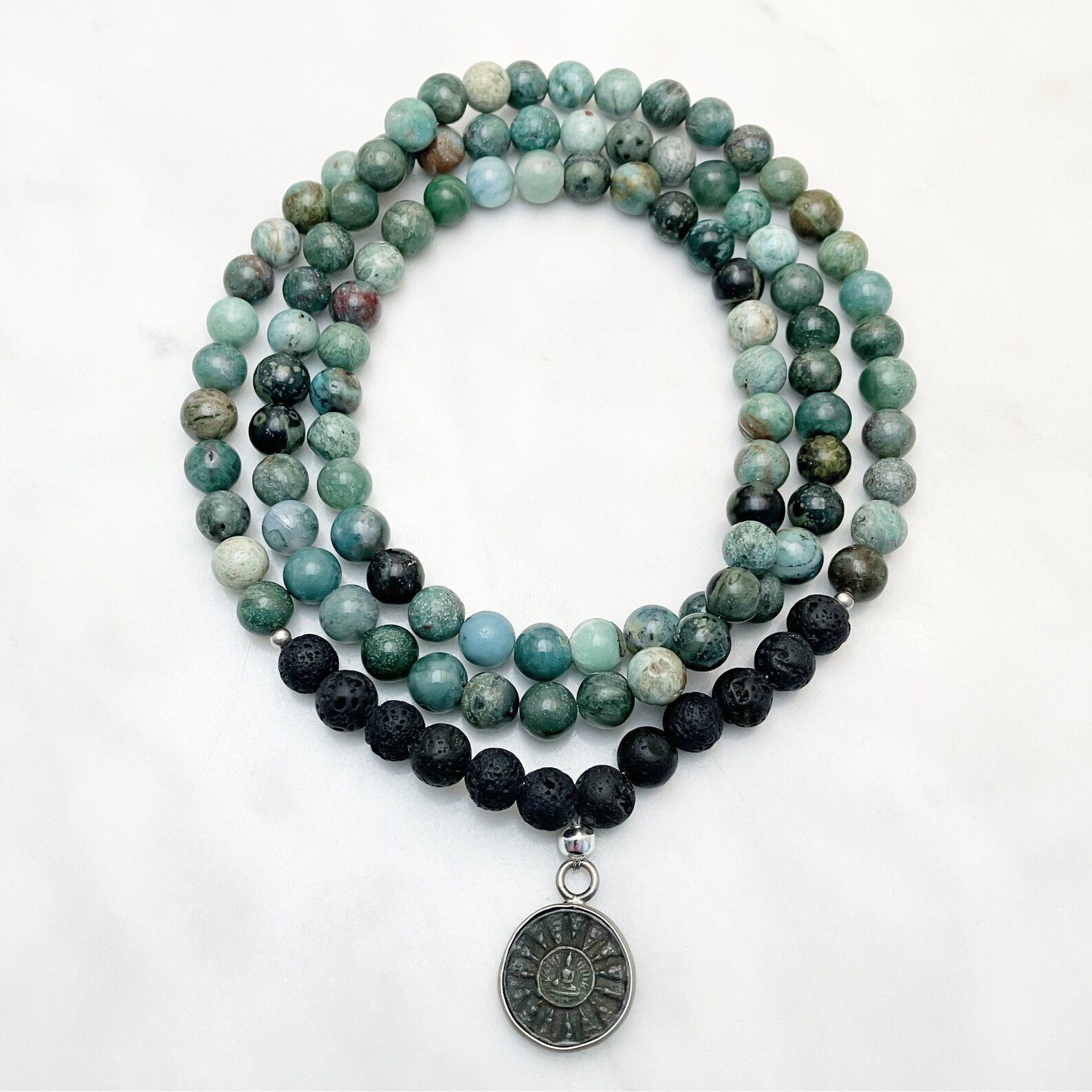 African Jade, Moss Agate, and Black Lava Mala Beads With Sun Buddha ...