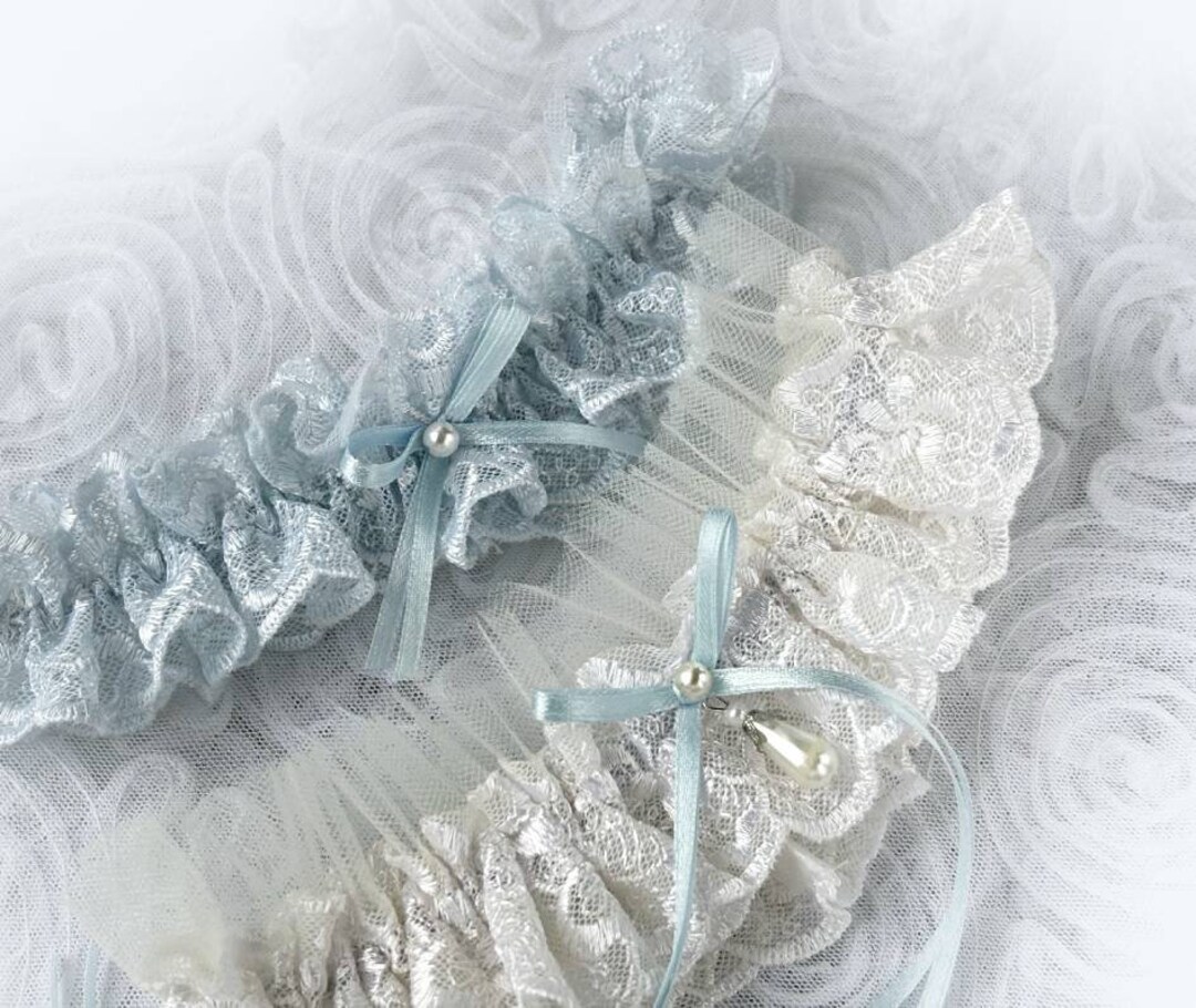 UK Ivory Pale Blue Lace & Net Garters Set Vintage Inspired Wedding ...